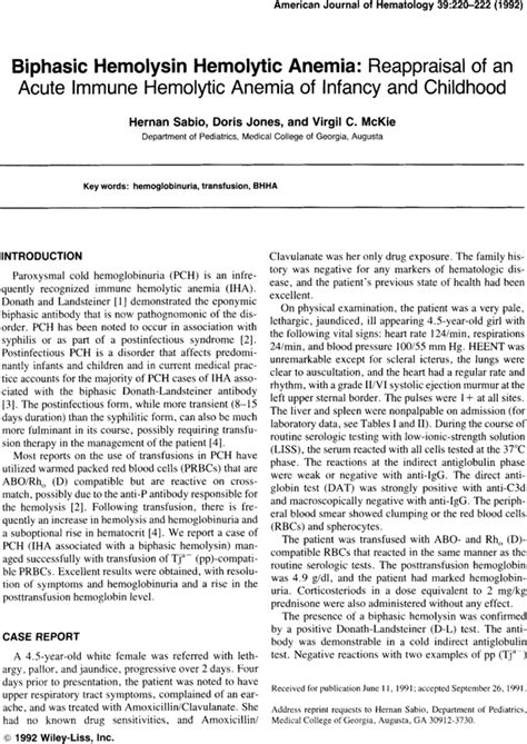 Biphasic Hemolysin Hemolytic Anemia Reappraisal Of An Acute Immune