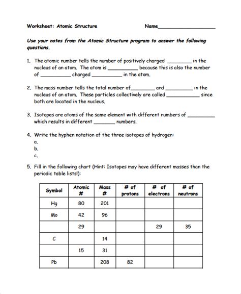 Free 7 Sample Atomic Structure Worksheet Templates In Ms Word Pdf