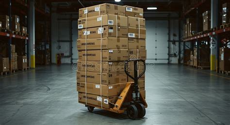 Moving Stacked Boxes On Pallet Jack In Warehouse For Logistics Stock