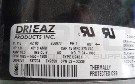 Dri Eaz Motor 1hp 1ph 1625rpm 115v 60hz 10 5a U24b1 Cpn02 00239 7124 1963 E58977 Plc Toolbox