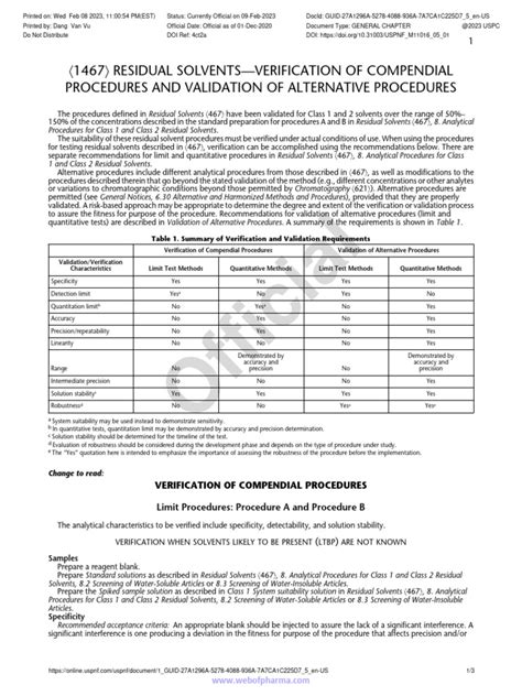 〈1467〉 Residual Solvents—verification Of Compendial Procedures And