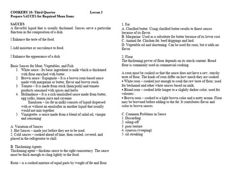 Tle Notes Lesson 3 Q3 Pdf Sauce Butter