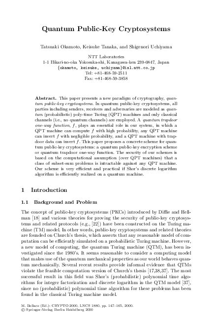 Pdf Quantum Public Key Cryptosystems