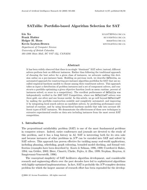 Satzilla Portfolio Based Algorithm Selection For Sat Ubc Frank Hutter