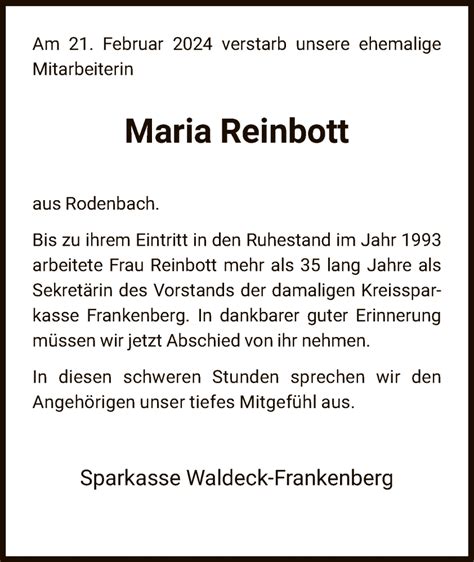 Traueranzeigen Von Maria Reinbott Trauerhnade