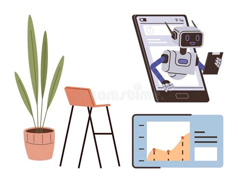Robot Assistant On Smartphone Analytics Chart Chair And Plant In