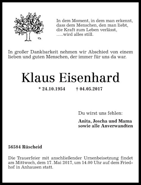 Traueranzeigen Von Klaus Eisenhard Rz Trauer De