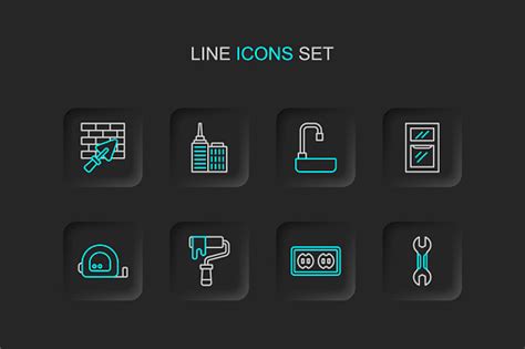 세트 라인 렌치 스패너 전기 콘센트 페인트 롤러 브러시 룰렛 구조 망치 및 렌치 세면대 도시 풍경 및 흙손 아이콘이 있는 벽돌 벽 벡터 개수대에 대한 스톡 벡터 아트 및