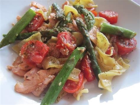 Grüner Spargel Und Lachs Zu Sesambandnudeln Rezept Kochbarde