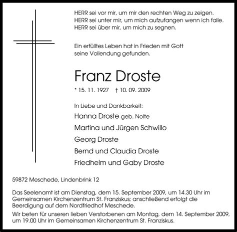 Traueranzeigen Von Franz Droste Trauer In Nrw De