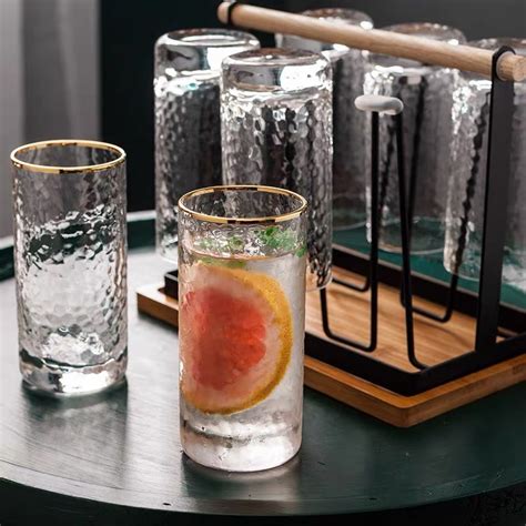Creative Textured Golden Mouth Straight Shape Cocktail Water Glass Cup