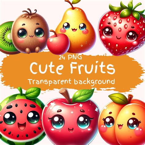 Cute Fruits Clipart Bundle 24 Png Cartoon Fruit Faces Happy Printable