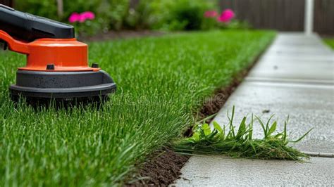 Gardener Cutting Grass With String Trimmer In Backyard Garden Stock