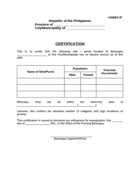 01 Template Of Barangay Certification Pdf