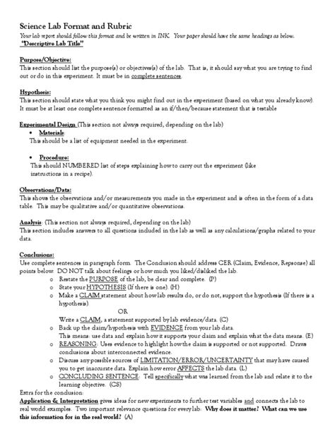 Science Lab Format And Rubric 2019 Pdf Experiment Hypothesis