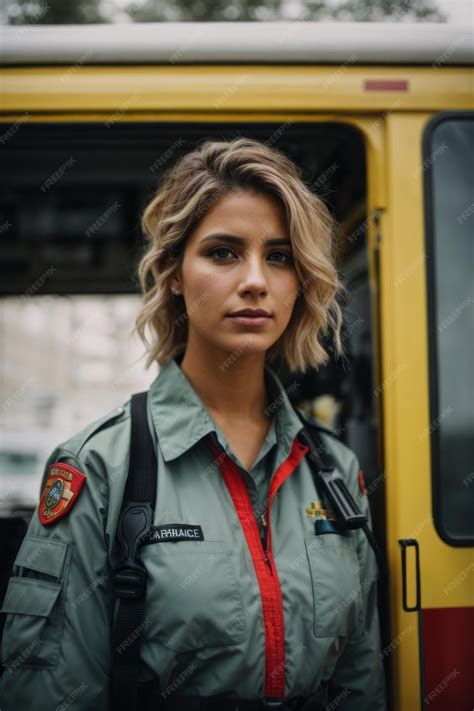 A Beautiful Female Emergency Medical Service Worker Looks Into The Camera A Paramedic Near An