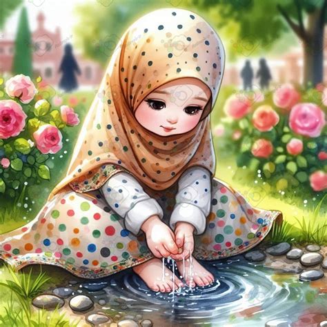 بک گراند کودکانه دختر ناز با حجاب کوچولو در حال شستن دست در چشمه کد 42619ویژه عکس گراف عکس گراف