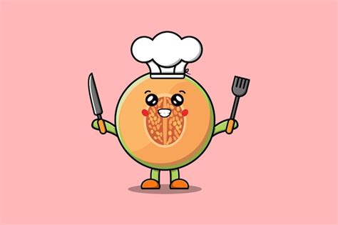 평평한 만화 스타일 삽화에서 나이프와 포크를 들고 있는 귀여운 만화 멜론 셰프 캐릭터 프리미엄 벡터