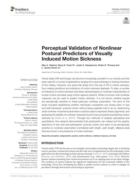 Pdf Perceptual Validation Of Nonlinear Postural Predictors Of Visually Induced Motion Sickness