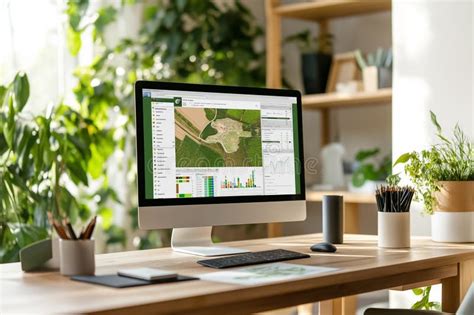 A Stylish Desk Showcases A Sleek Computer Displaying Data Analytics
