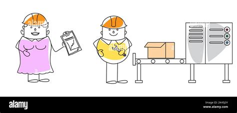 Hand Drawn Cartoon Woman Leading Male Colleague In Factory Discuss Work Near An Assembly Line