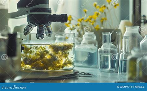 Scientist And Bacteria Lichen Fungi Microscope In Laboratory Stock