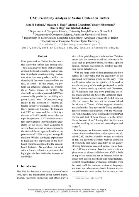 Pdf Cat Credibility Analysis Of Arabic Content On Twitter