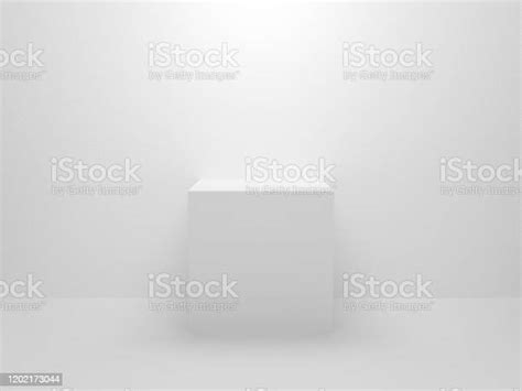 3d 전시 스탠드 프리젠 테이션 및 박람회를위해 회색 배경에 고립 된 흰색 빈 빈 연단 모의 저장소에 대한 추상 3d 큐브
