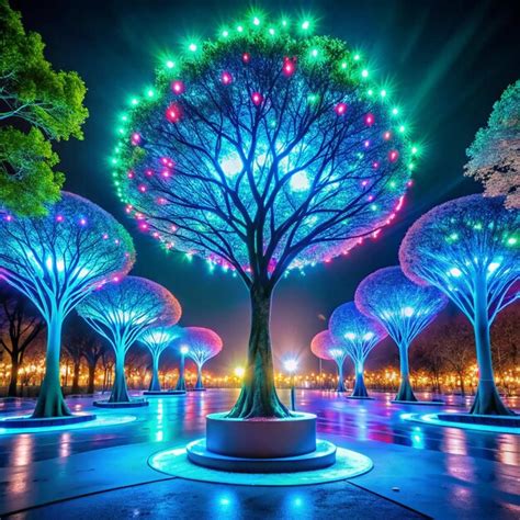 Bioluminescent Trees Illuminating A Smart Park At Night Premium Ai