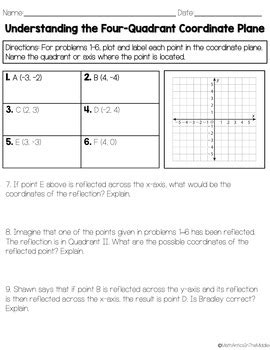 Understanding The Four Quadrant Coordinate Plane Worksheet Tpt