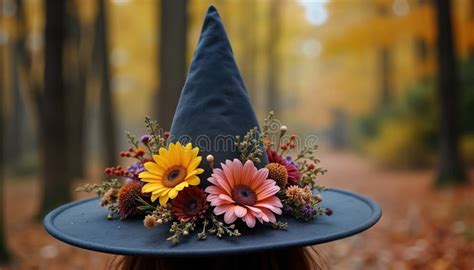 Autumn Forest Scene Witch Hat Decorated With Dried Flowers Beautiful