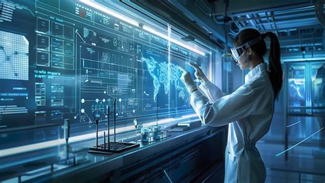 A Scientist In A Lab With A World Map On The Screen Premium Ai