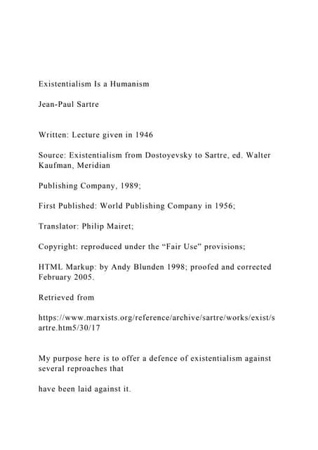 Existentialism Is A Humanism Jean Paul Sartre Writtdocx Agnosticism