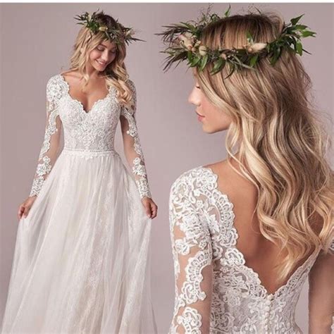 Boho Lace Wedding Dress Long Sleeve Romantic Wedding Dress V Etsy