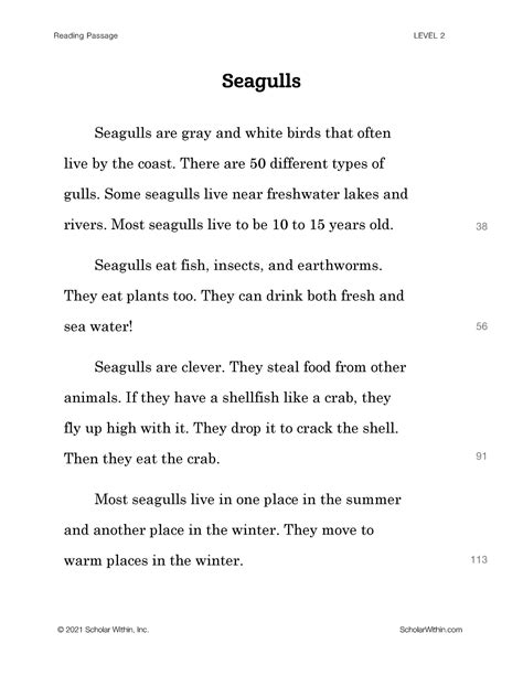 Reading Fluency Passage Grade Level 2 Seagulls Instructor 1 Reading