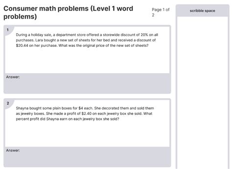 Consumer Math Problems Level 1 Word Problems Worksheet Pdf 7rpa