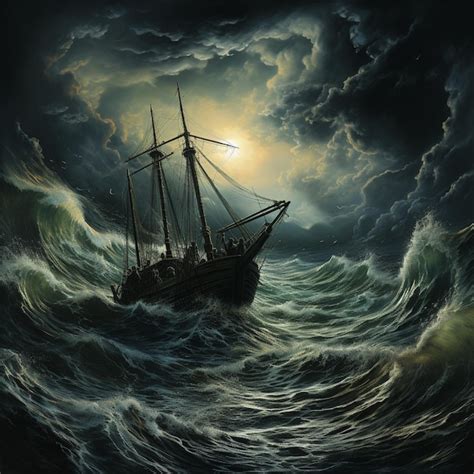 Premium Ai Image Painting Of A Ship In A Stormy Sea With A Sun In The