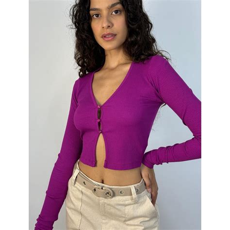 Cropped Manga Longa Com Decote Aberto K2b Amilena Shopee Brasil