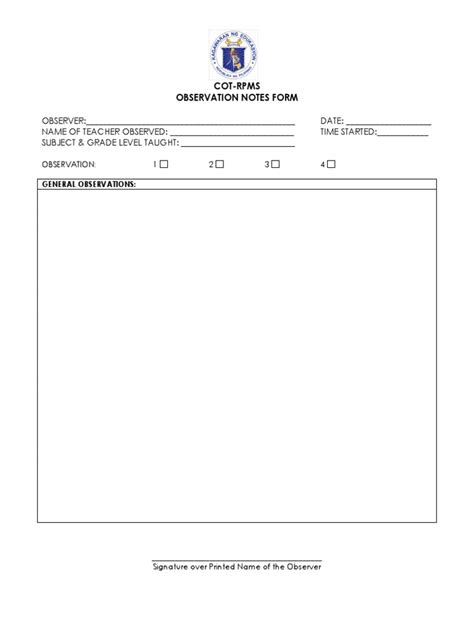 Cot Rpms Observation Notes Form Pdf