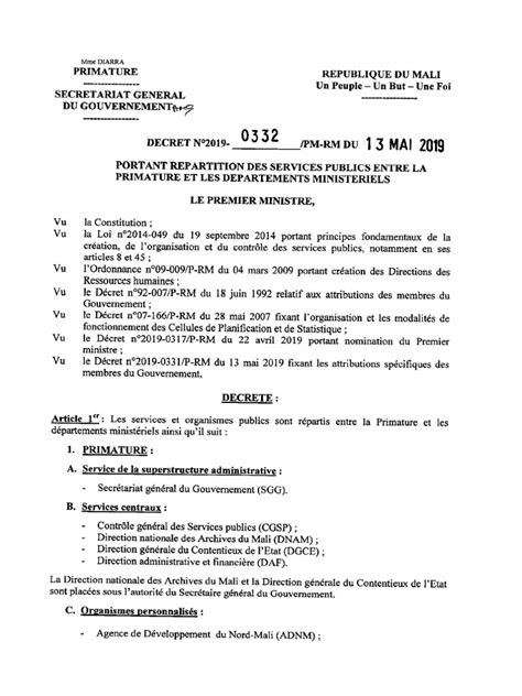 Decret N 2019 0332 Portant Repartition Des Services Publics Entre La Primature Et Les