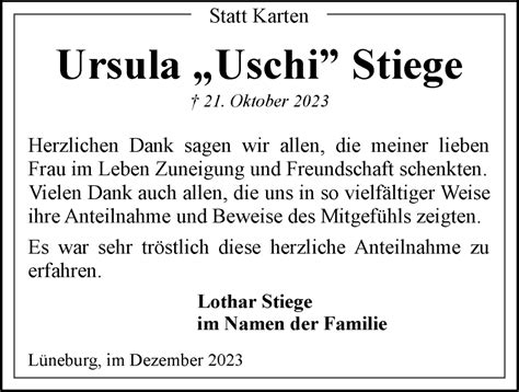 Traueranzeigen Von Ursula Stiege Trauer Lüneburg De