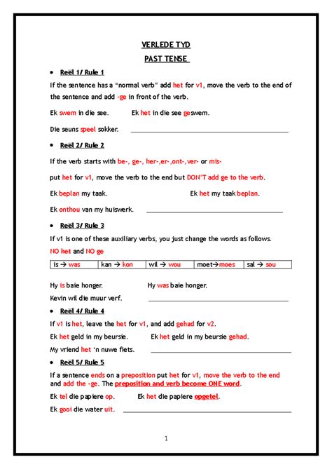 Verlede Tyd Rules For Additional Language Learners Verlede Tyd Past Tense Reël 1 Rule 1 If