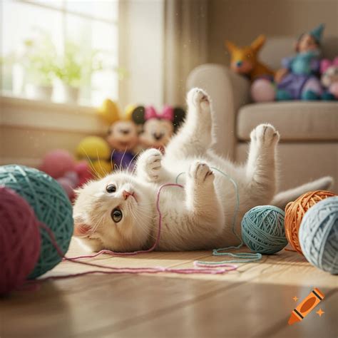 A Cute White Kitten Lies On Its Back Playing With Colorful Yarn Balls