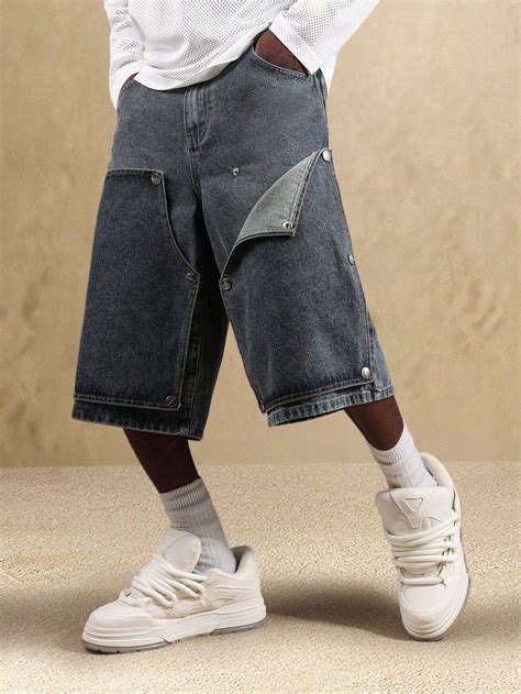 Carpenter Denim Jorts Wide Leg Baggy Knee Length Panel Detail Utility