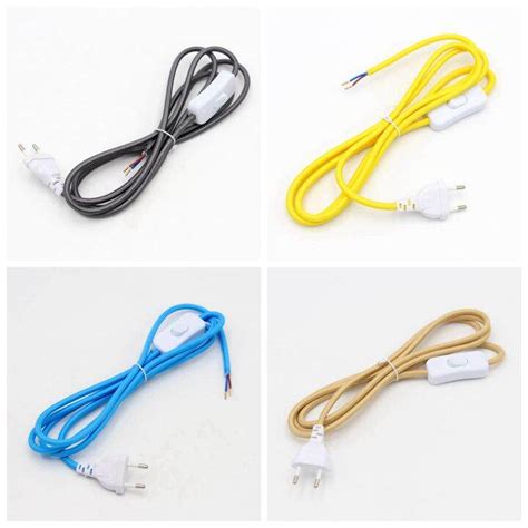 สายไฟ Ac 220v พร้อมปลั๊กยุโรป Buttom Switch สายถักผ้าสีสันสดใส2เมตร