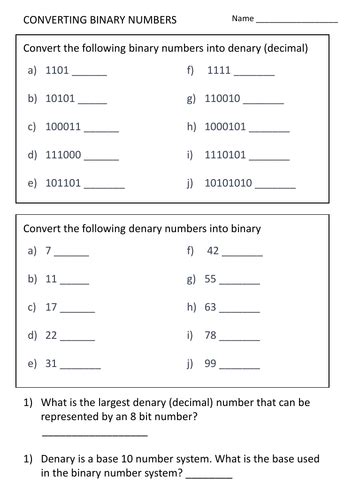 Computer Science Data Units And Binary Conversion Worksheets Bytes Kb Mb Gb Tb Year 9 Ks3