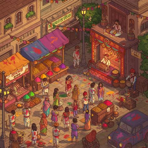 A Festive Street Scene Likely Depicting Holi Celebrations Showing People Covered In Stock