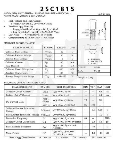 2sc1815 Npn Transistor Pinout Equivalents And Datasheet 40 Off