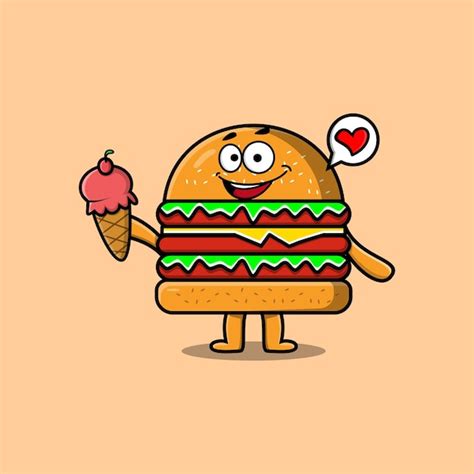 현대적인 귀여운 스타일 일러스트레이션으로 아이스크림 콘을 들고 있는 귀여운 만화 버거 캐릭터 프리미엄 벡터