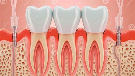 Close Up Of Three Healthy Teeth With Roots Gums And Surrounding